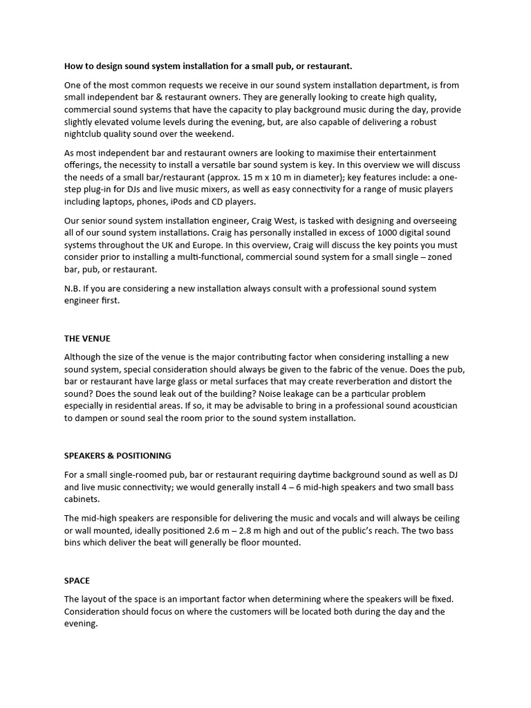 How To Design Sound System Installation For A Small Pub | PDF ...