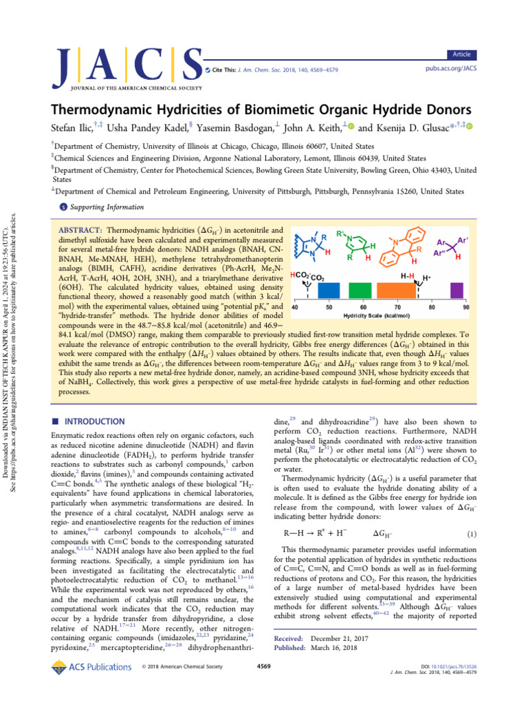 Thermodynamic Hydricities of Hydride Donors | PDF | Redox | Chemical ...