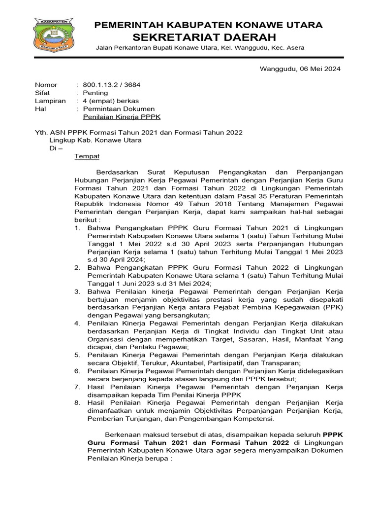 Surat Permintaan Dokumen Penilaian Kinerja PPPK Formasi 2021 & 2022 Kab. Konawe Utara | PDF ...