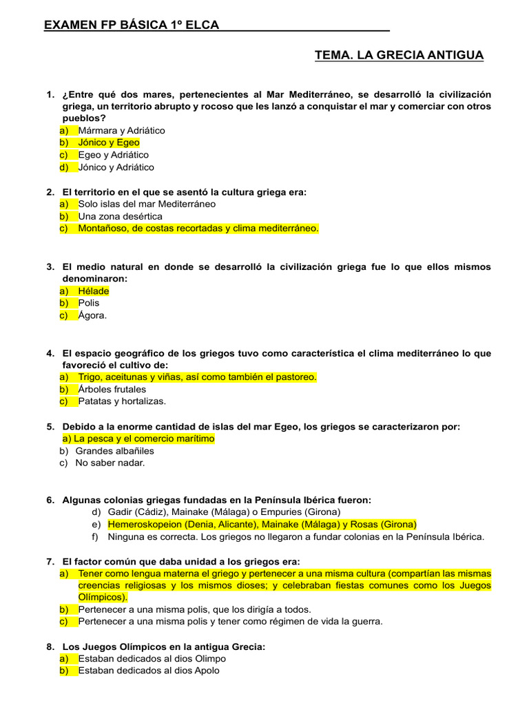 SOLUCIONARIO_Ficha de ejercicios GRECIA | PDF | Antigua Grecia | Escultura