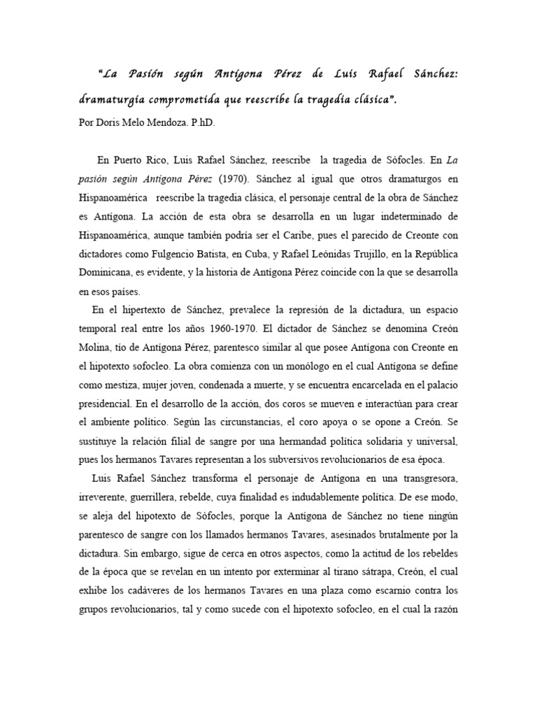 La Pasion Segun Antigona Perez de Luis 2 | Descargar gratis PDF | Sófocles | Puerto Rico