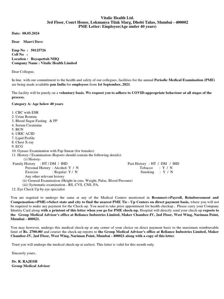 PME form | PDF | Physical Examination | Medicine