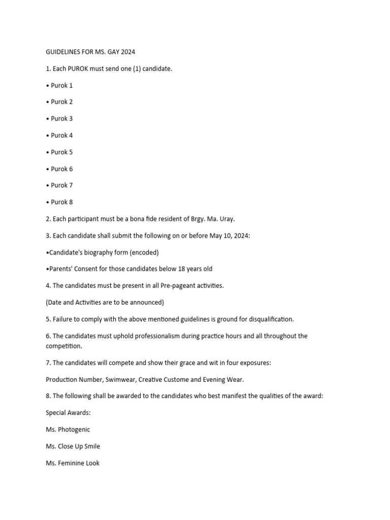 Guidelines for Ms. Gay 2024 Pageant | PDF | Clothing | Fashion
