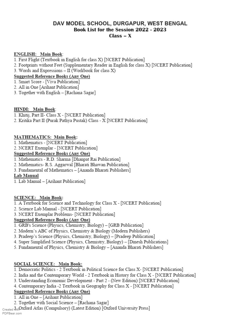 CLASS 10 BOOK LIST 2022-23 FINAL | PDF