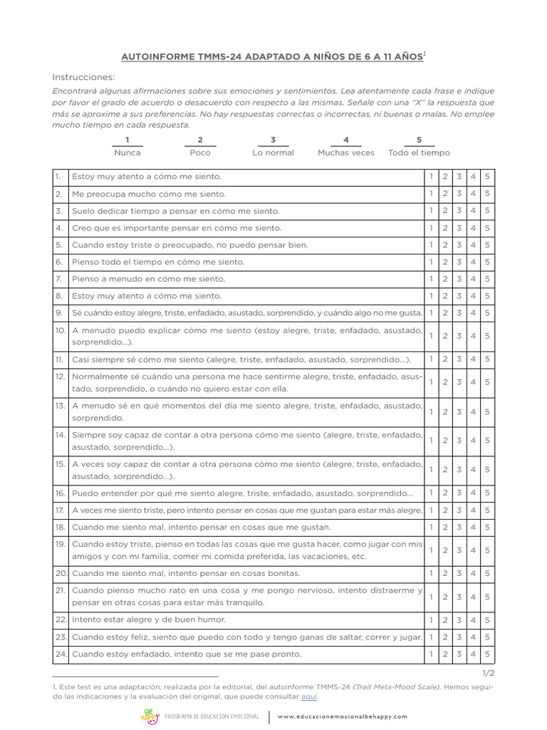 Autoinforme TMMS-24 para Niños | PDF | Sicología