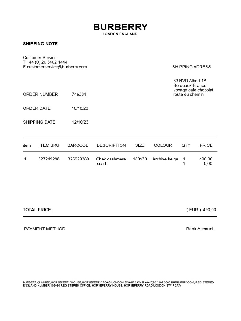 Burberry Shipping Note for Order 746384 | PDF