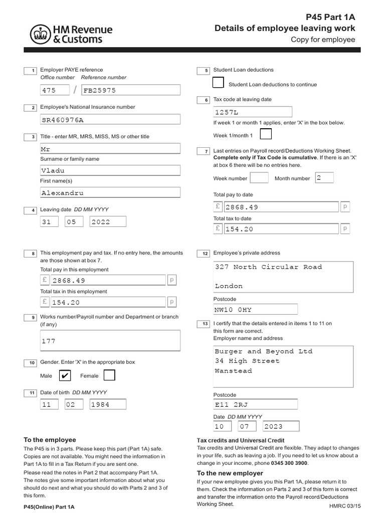 475 1257L SR460976A MR 2: P45 Part 1A Details of Employee Leaving Work ...