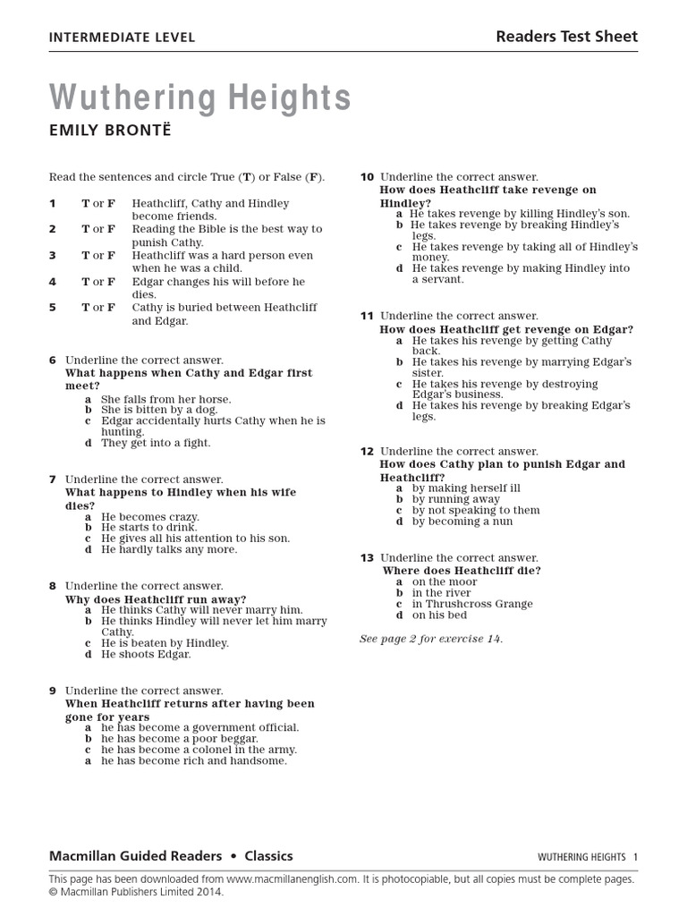 Wuthering Heights Test Sheet | PDF | Heathcliff (Wuthering Heights ...