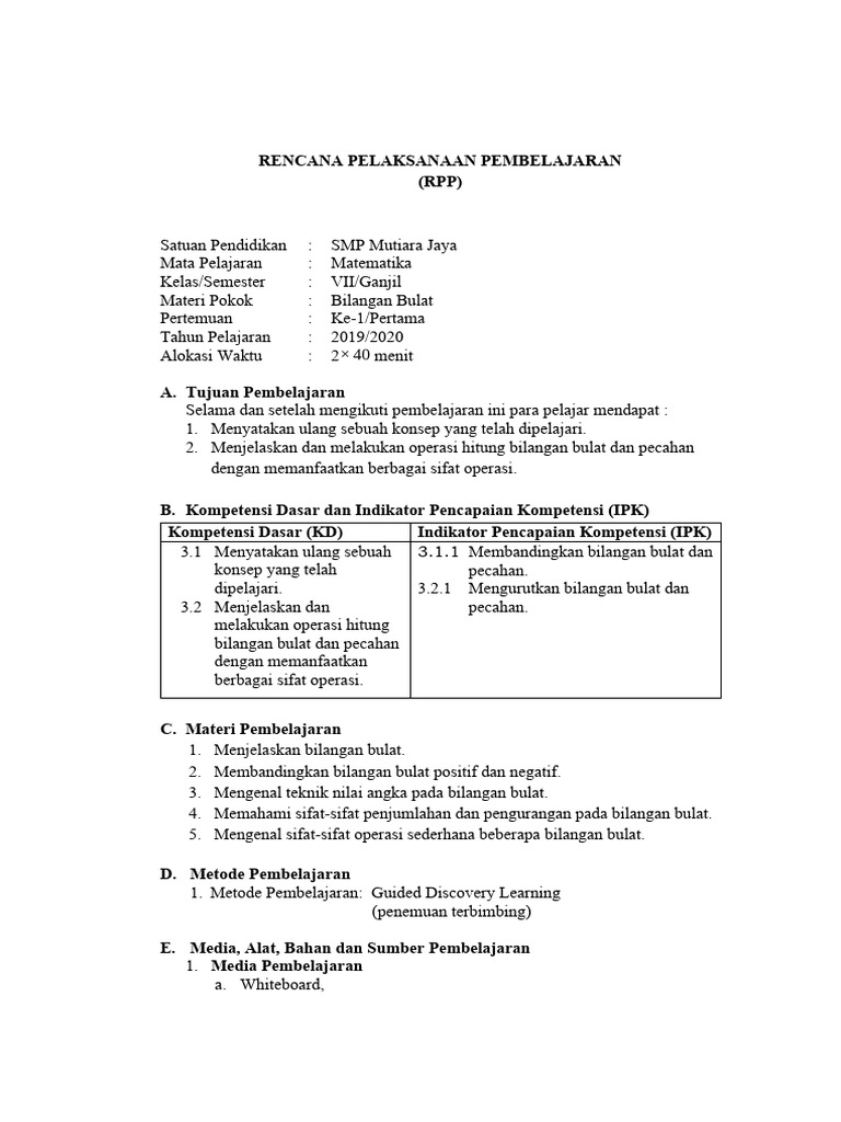 RPP Metode Guided Discovery Learning Bilangan Bulat | PDF | Karier & Perkembangan | Metode ...