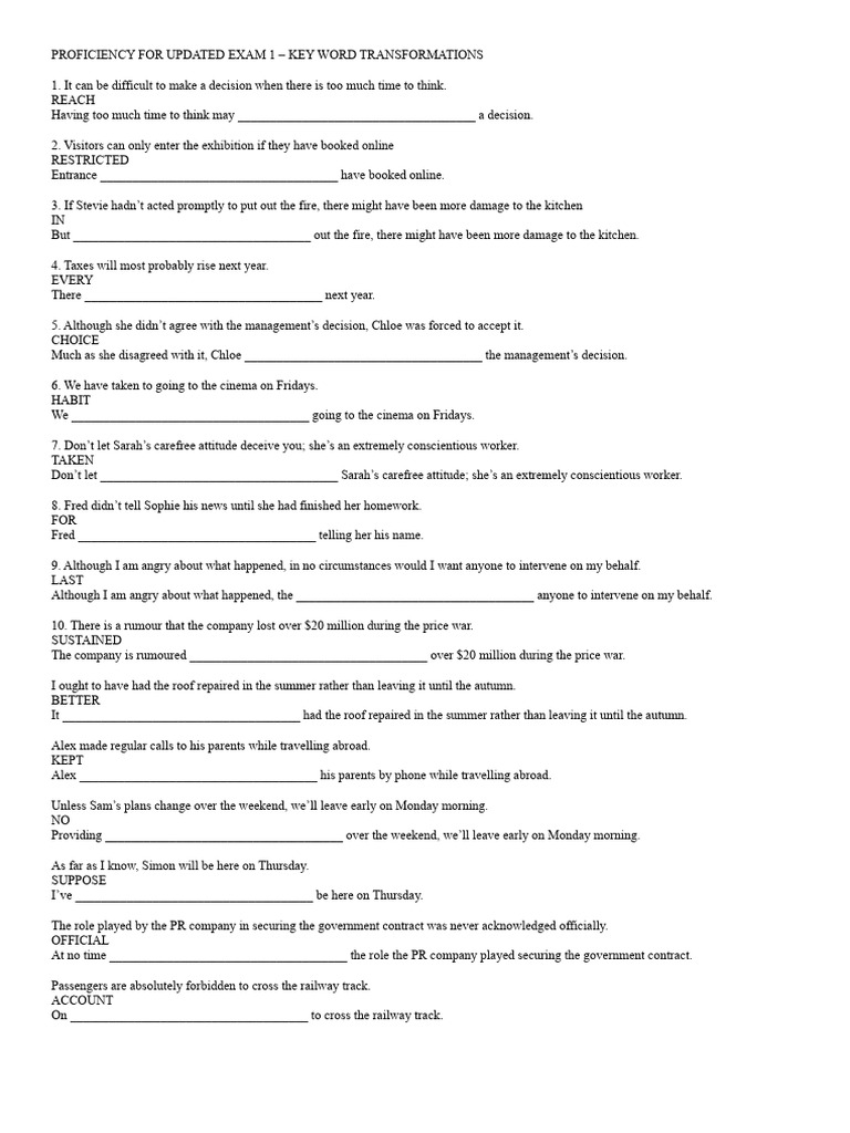 Proficiency For Updated Exam 1 Key Word Transformations | PDF