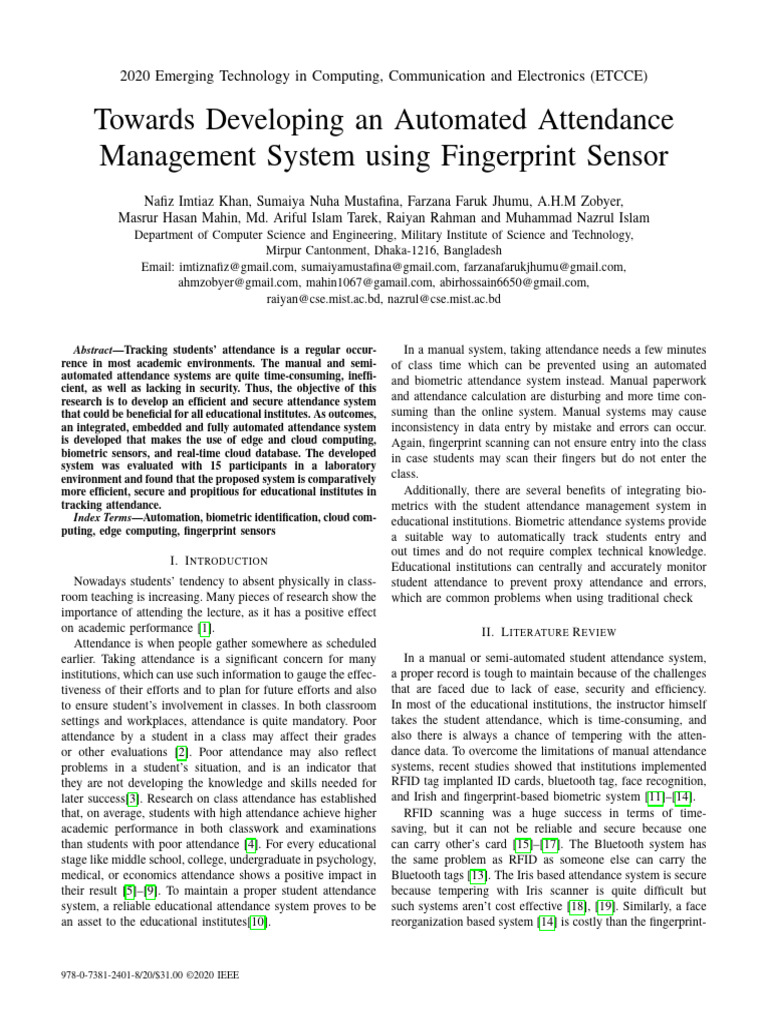 Towards Developing An Automated Attendance Management System Using Fingerprint Sensor | PDF ...