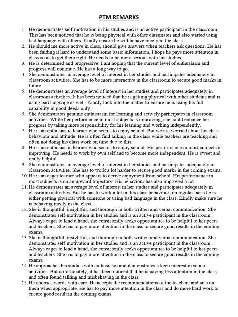 PTM Remarks (04-05-24) 4D | PDF | Teachers | Classroom