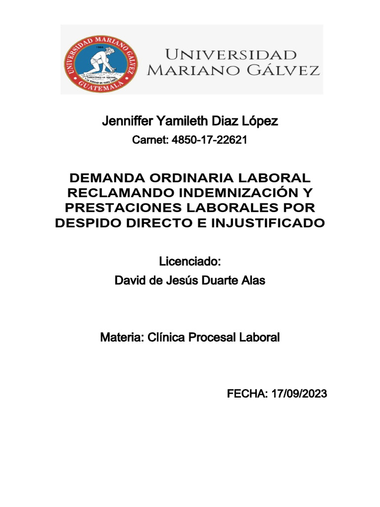 2 Demanda Vía Ordinaria Reclamando Indemnización y Prestaciones ...
