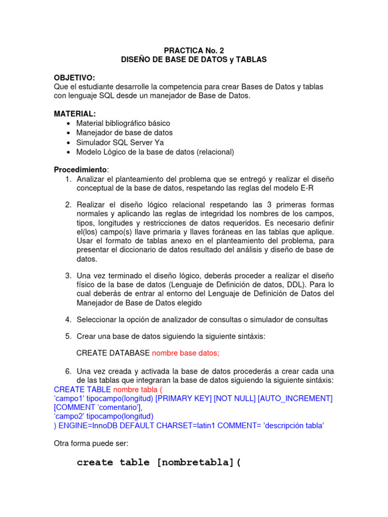 PRAC_2_BaseDatosTablas BASE DE DATOS DDL | PDF | Bases de datos | SQL