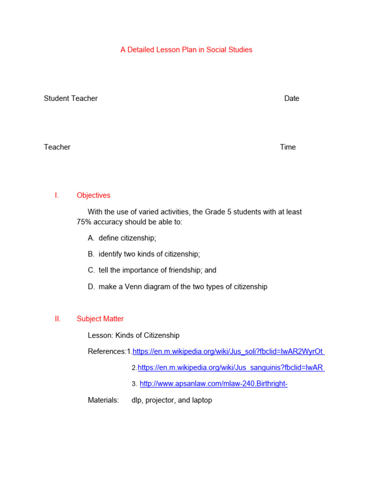 A Detailed Lesson Plan in Social Studies | PDF | Citizenship | Nationality