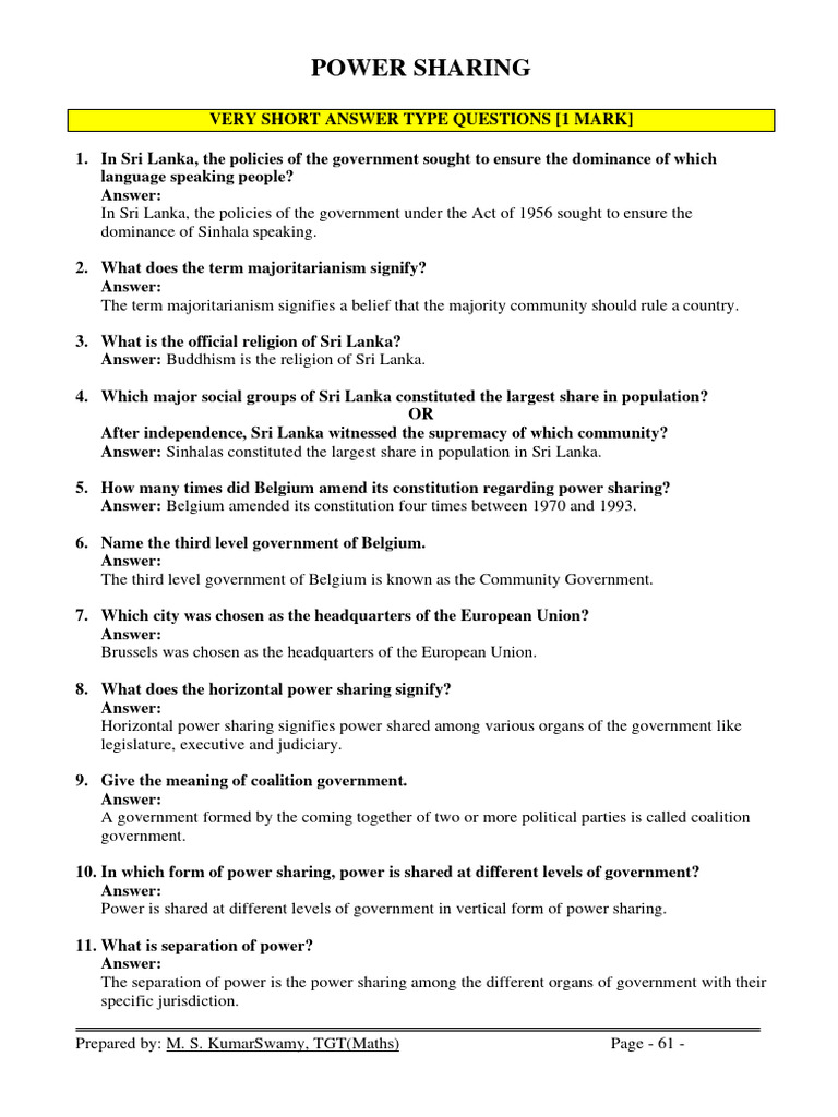 01 Power Sharing Important Questions and Answers | PDF | Sri Lanka ...