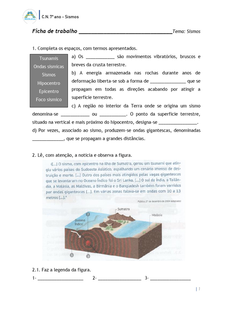 Ficha de Trabalho C.N. 7º Ano Sismos | Download grátis PDF | Terremotos | Sismologia