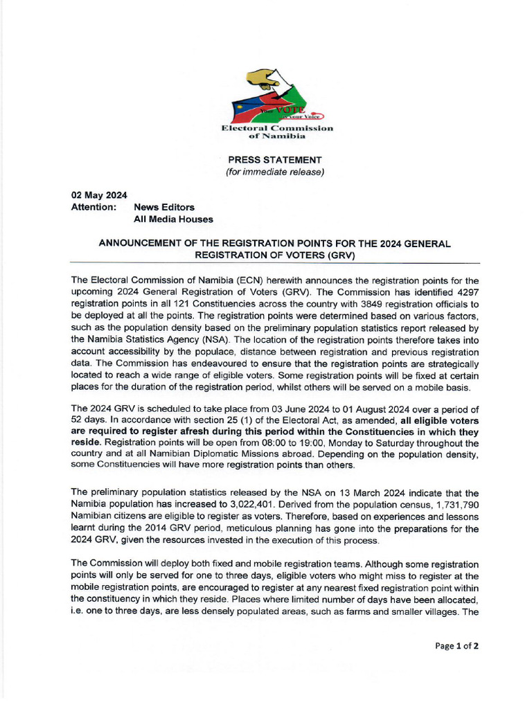 Announcement of The Registration Points For The 2024 General ...