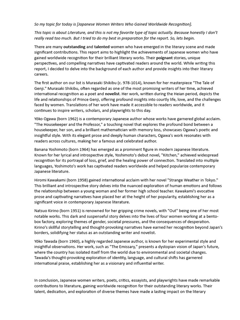 Japanese Women Writers' Global Impact | PDF | The Tale Of Genji | Writing