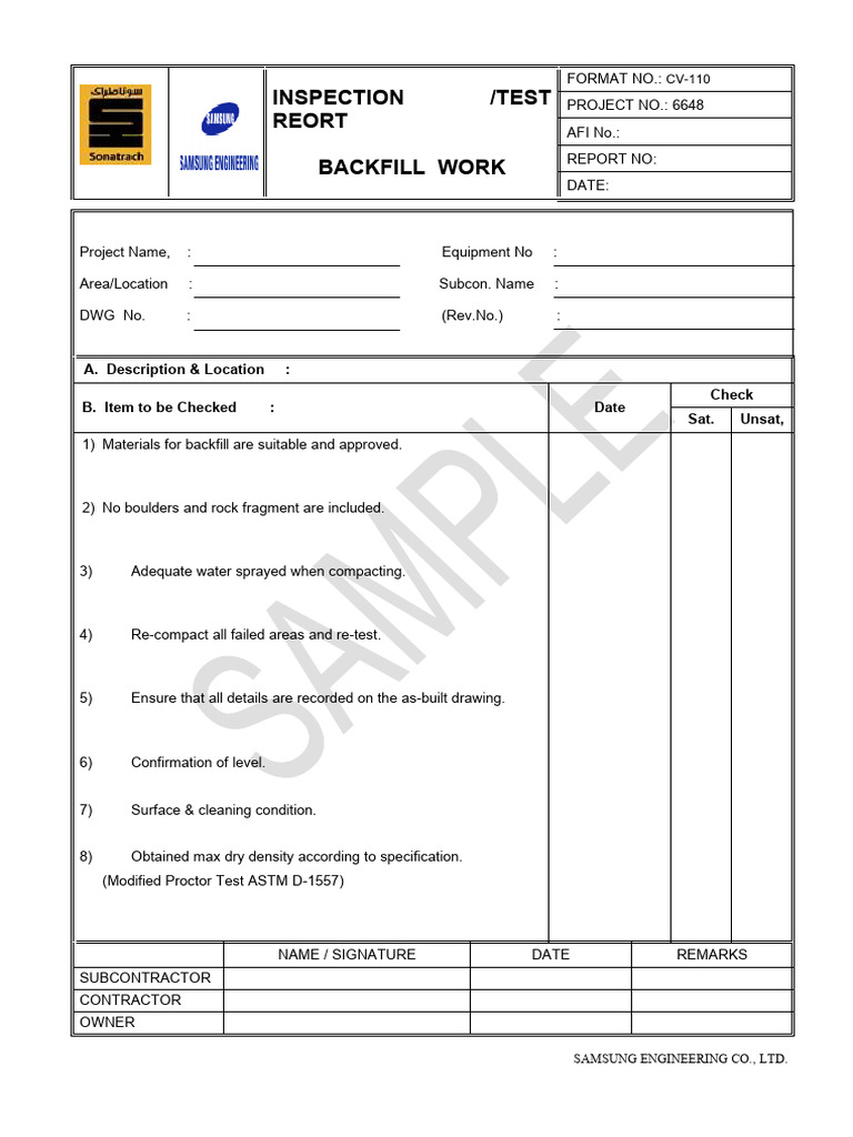 Backfill Inspection Test Report CV-110 | PDF