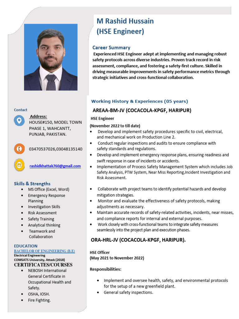 CV M Rashid Hussain (HSE Engr) F1. | PDF | Safety | Occupational Safety ...