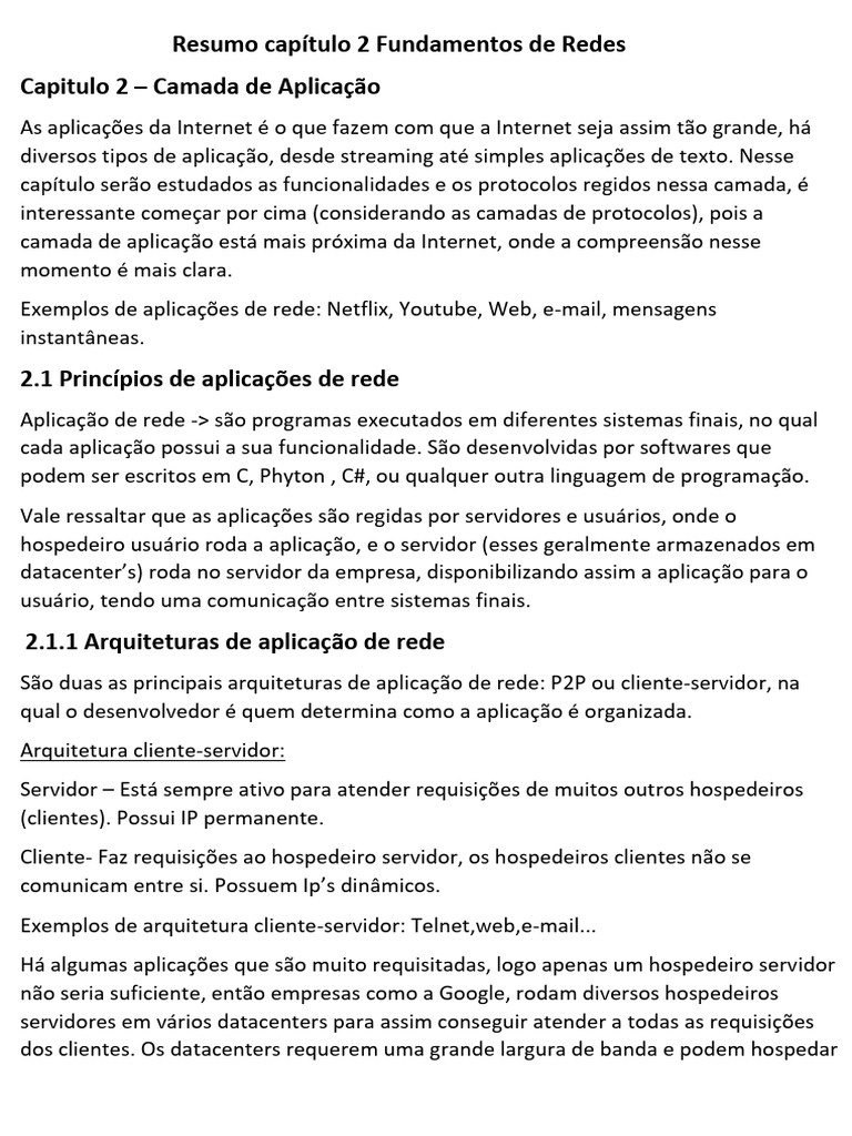 Resumo Capítulo 2 Fundamentos de Redes | PDF | Sistema de Nomes de Domínio (DNS) | Modelo ...