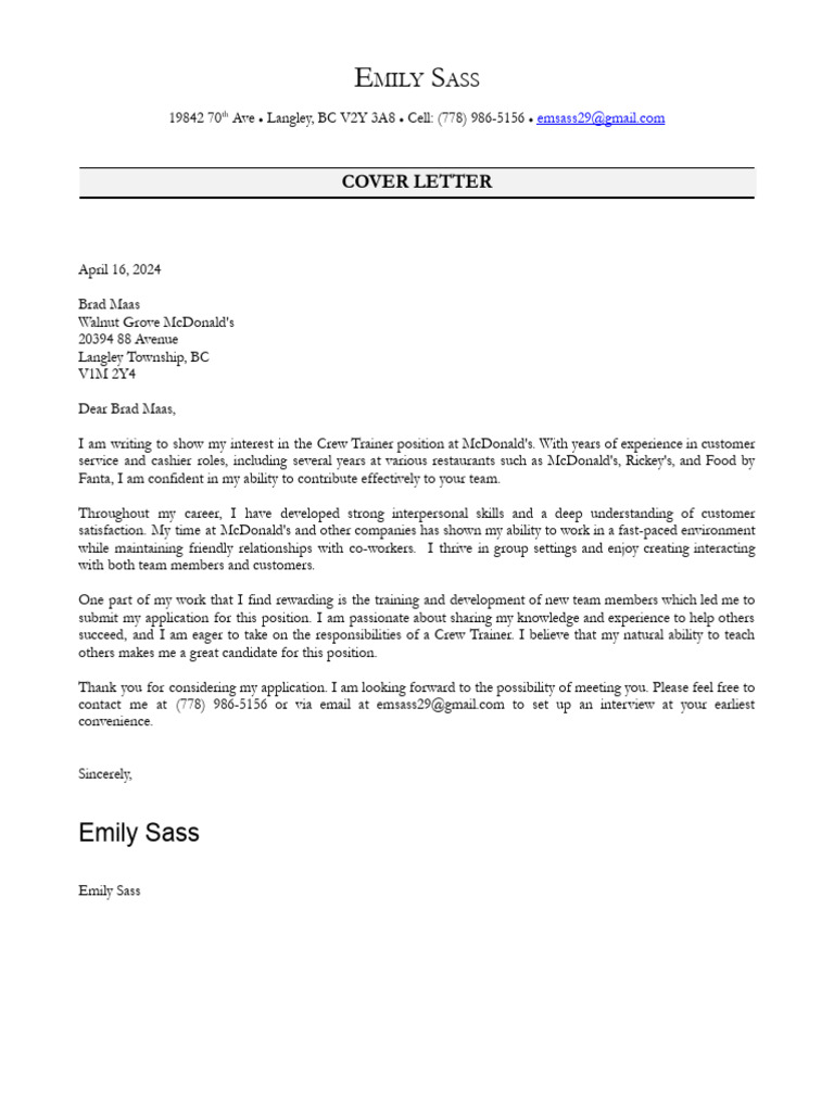 Emily Sass McDonald's Crew Trainer Application | PDF | Business