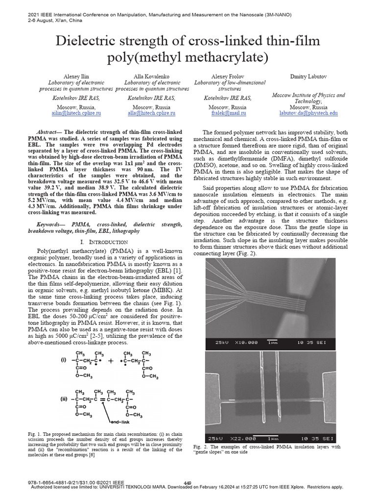 Dielectric Strength of Cross-Linked Thin-Film Polymethyl Methacrylate ...