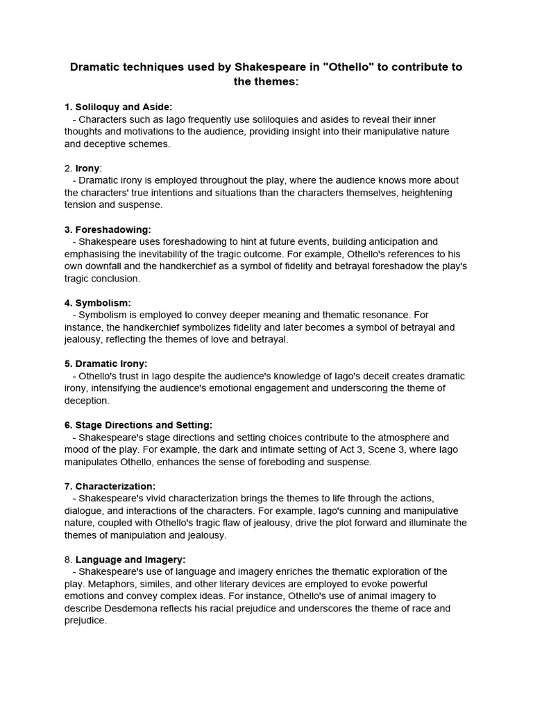 Dramatic Techniques Shakespeare Othello | PDF | Classics | General Fiction