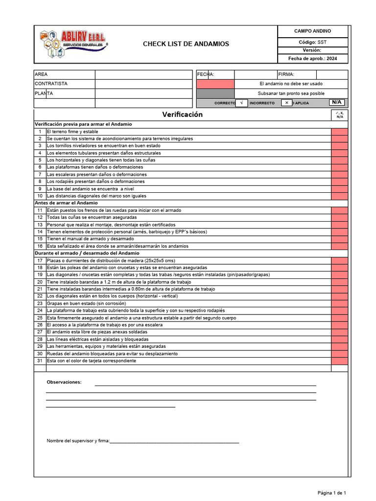 Check List De Andamios 2024 Pdf Andamio