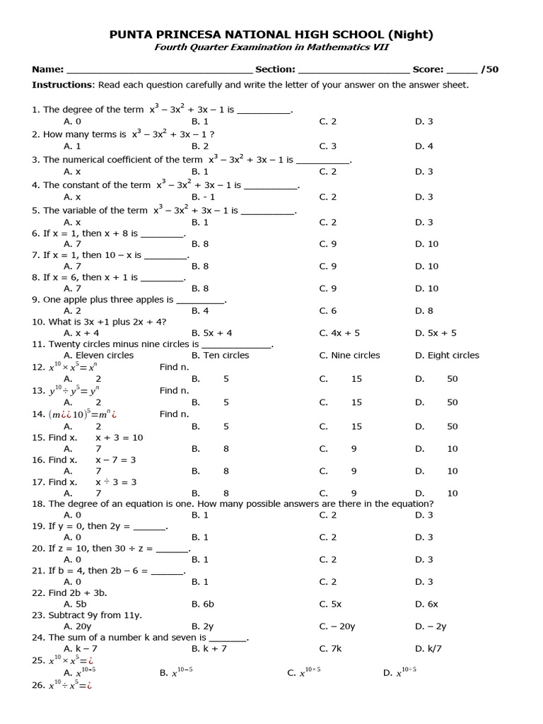 Math 7 - Q4 Test Questions | PDF | Length | Mathematics