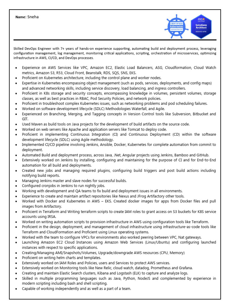 Sneha Resume | PDF | Amazon Web Services | Cloud Computing