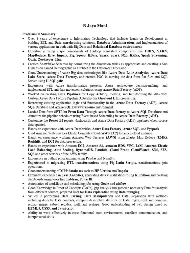 N Jaya Mani - Data Engineer | PDF | Apache Spark | Microsoft Sql Server