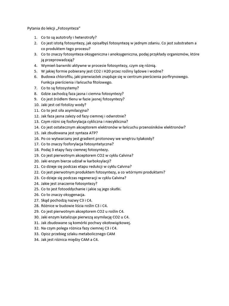 Pytania fotosynteza | PDF