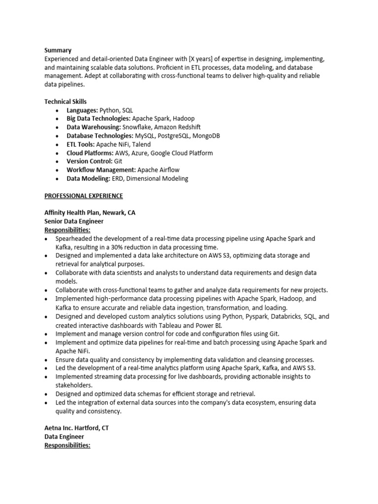 Data Engineer | PDF | Apache Spark | Databases