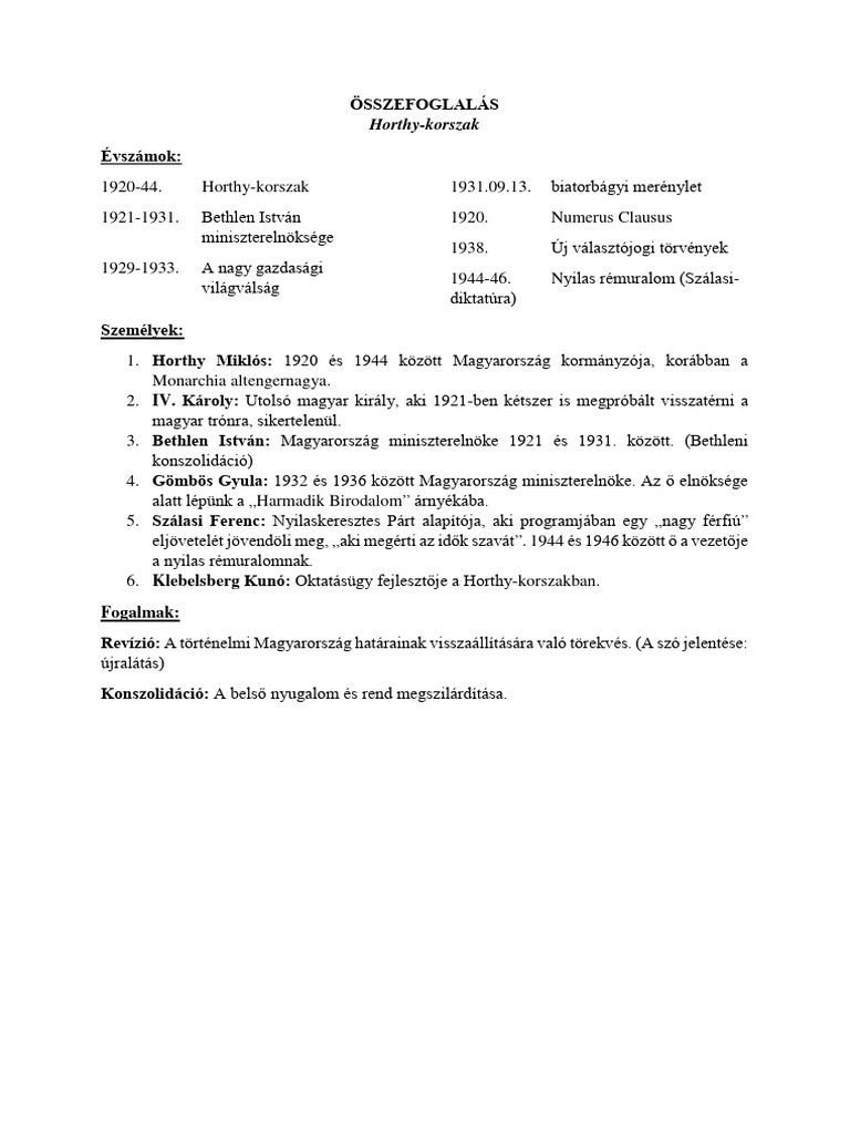 OSSZEFOGLALAS 7.o. Horthy Korszak | PDF
