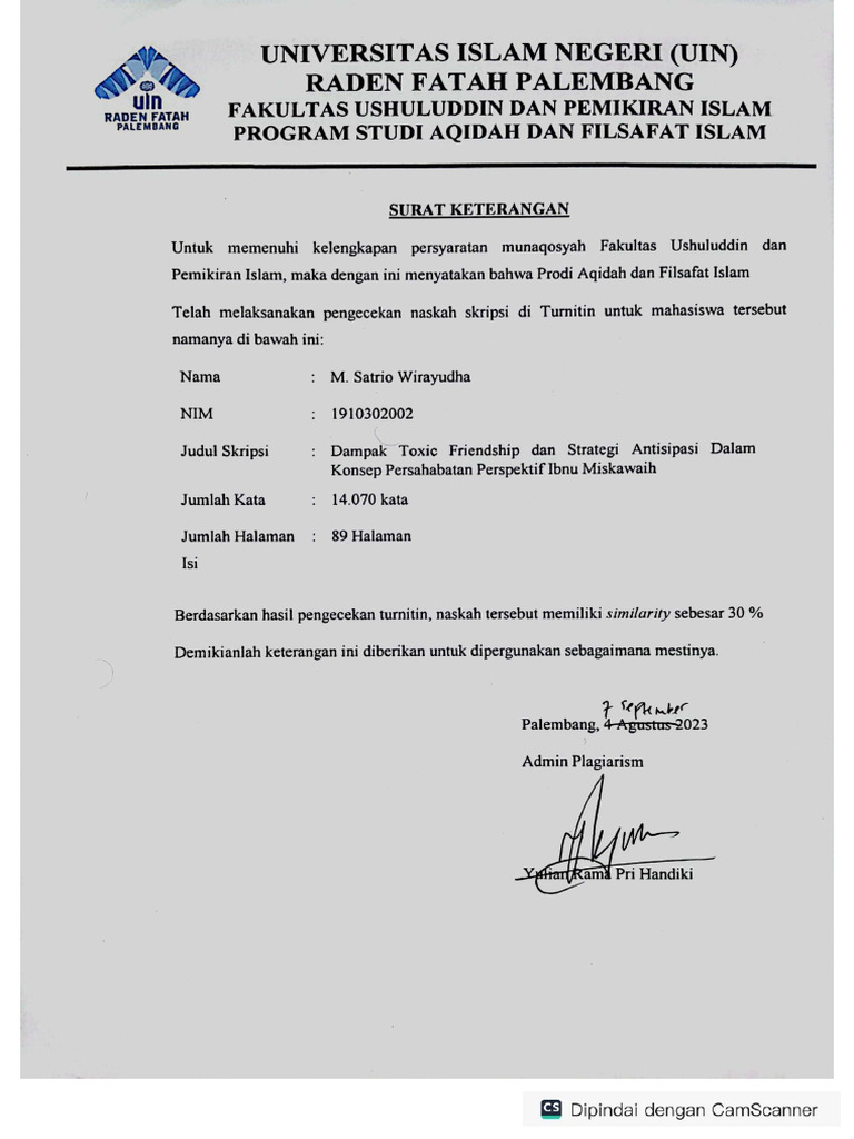 Bukti Lulus Cek Turnitin Prodi AFI M. Satrio Wirayudha 1910302002 | PDF
