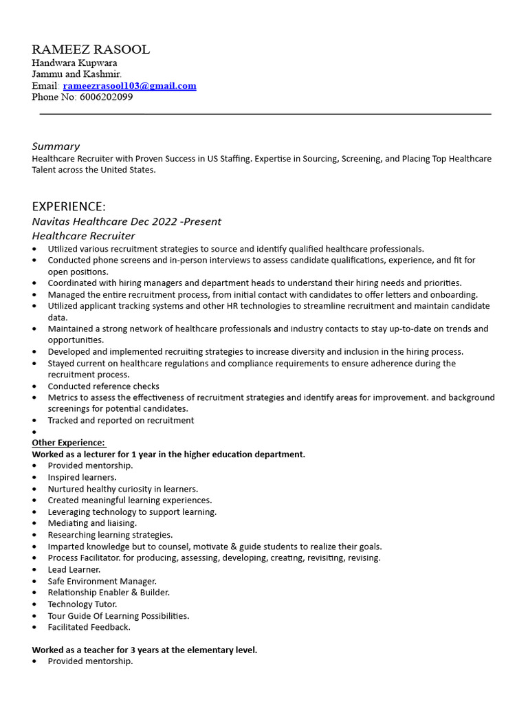 Rameez Rasool Updated CV! Edtedd | PDF | Recruitment | Mentorship
