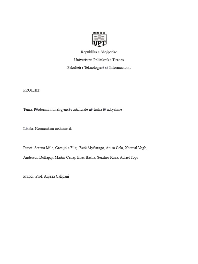 PROJEKT. Komunikim Inxh Perdorimi I AI Ne Fusha Te Ndryshme | PDF