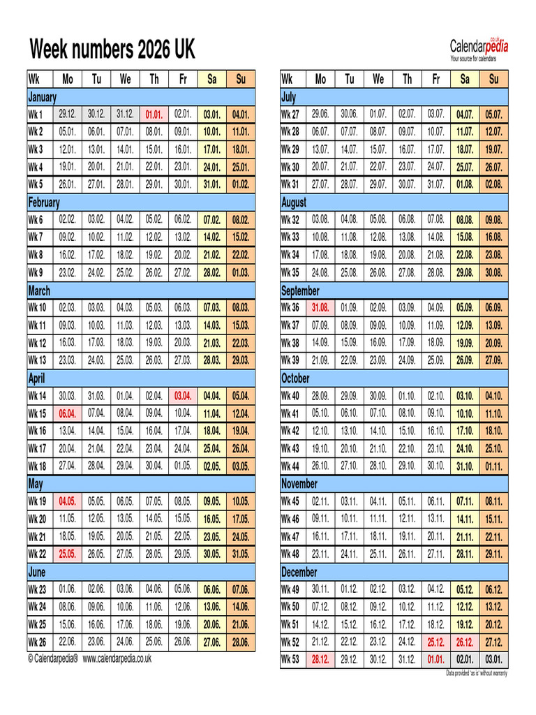Week Numbers 2026 With Months Landscape | PDF