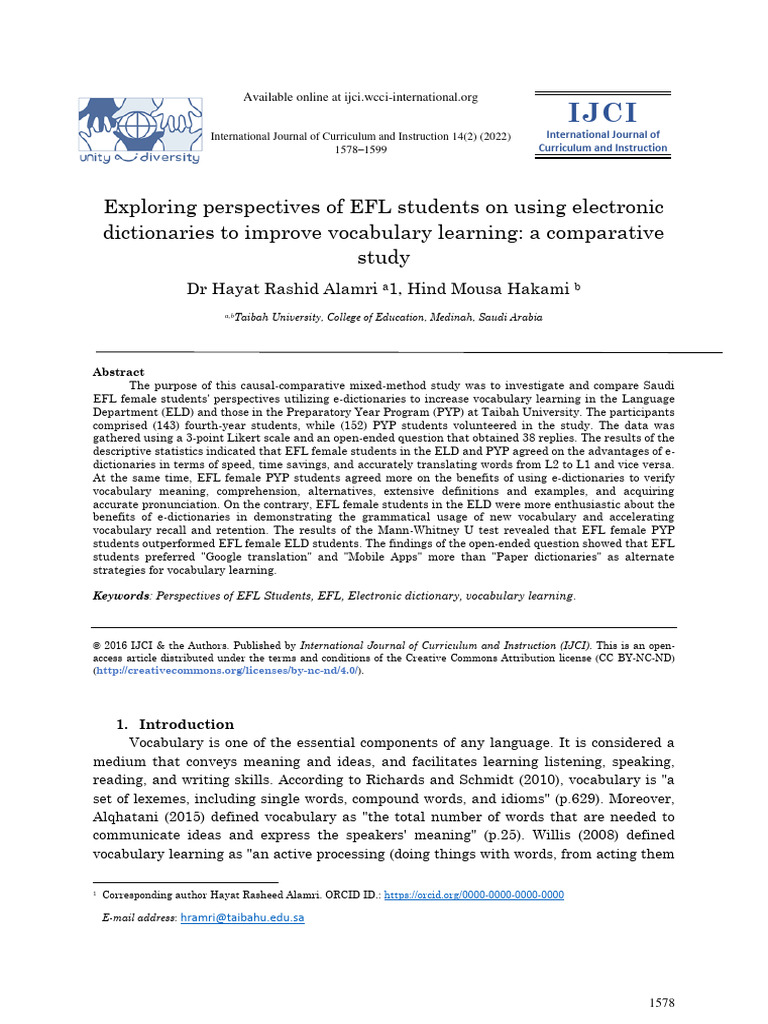 Exploring perspectives of EFL students on using electronic dictionary ...