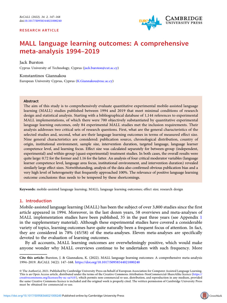 MALL Language Learning Outcomes A Comprehensive Metaanalysis (1994 To 2019) (Selected) | PDF ...