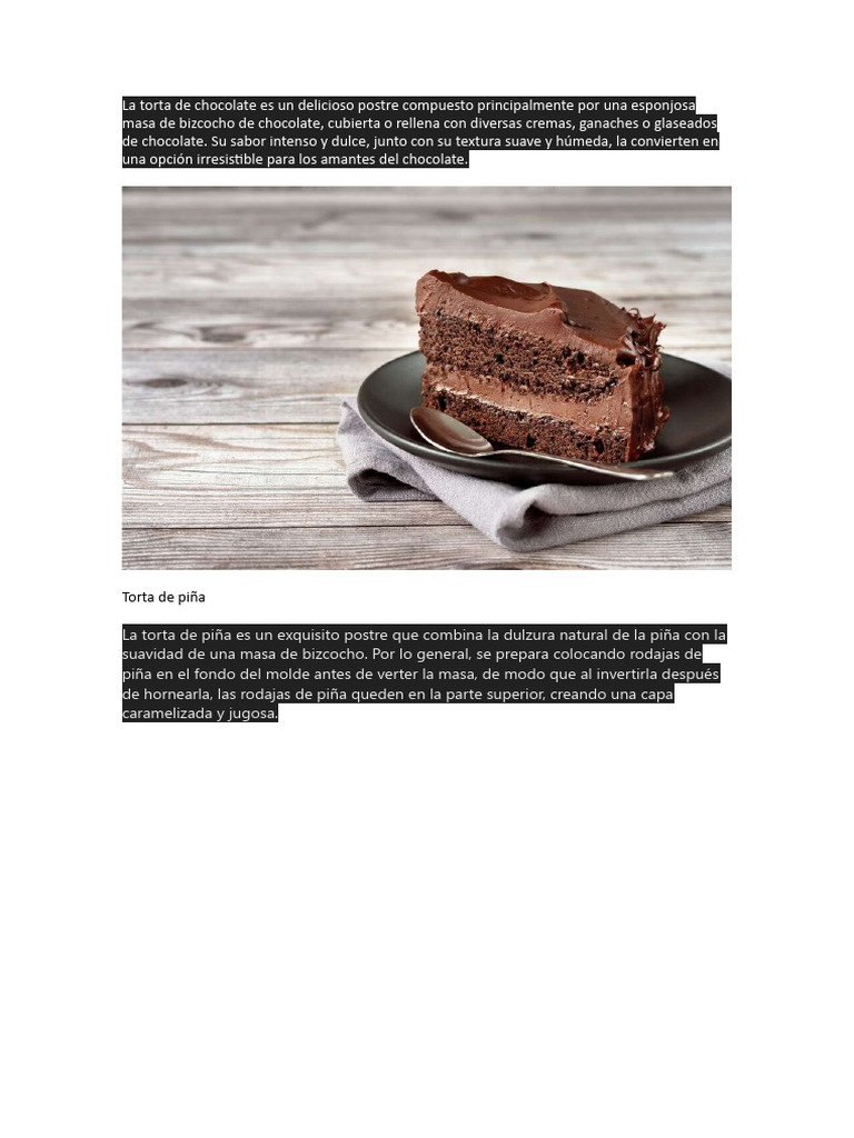 La Torta de Chocolate Es Un Delicioso Postre Compuesto Principalmente Por Una Esponjosa Masa de ...