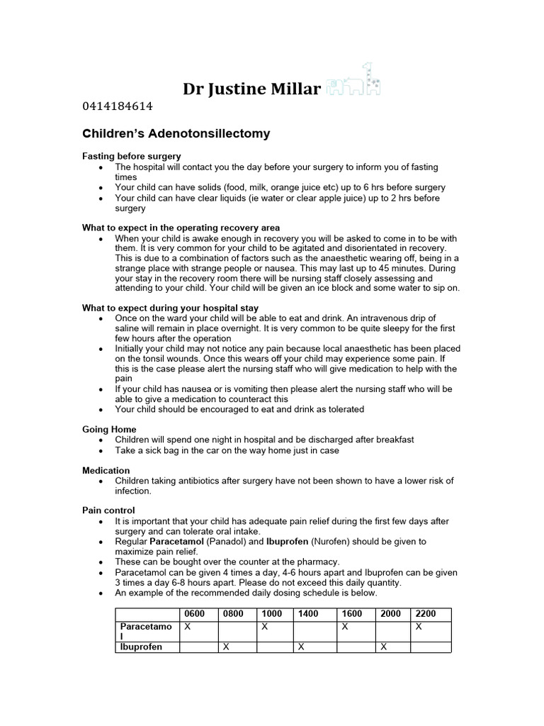Adenotonsillectomy Post-Op Info Child | PDF | Analgesic | Oxycodone