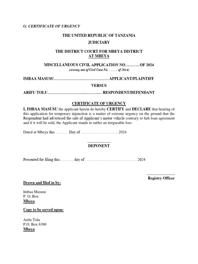 Urgent Injunction Application by Masusu | PDF | Justice | Crime & Violence