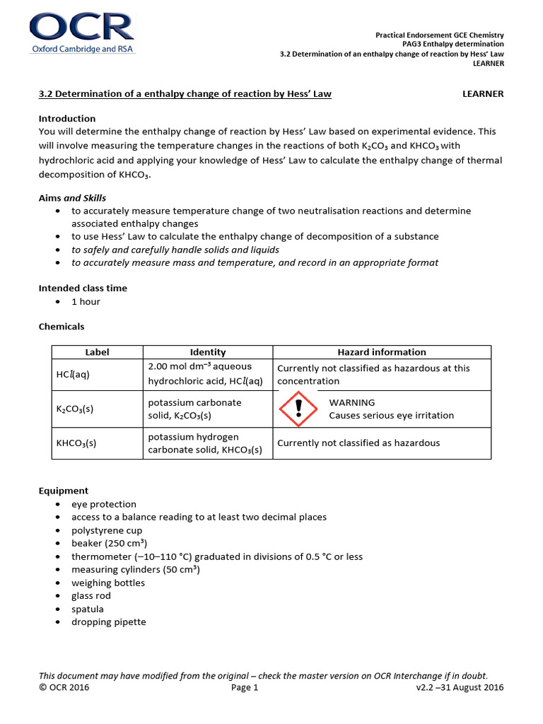 Chemistry PAG 3.2 Learner v2.2 | PDF | Chemical Reactions | Enthalpy