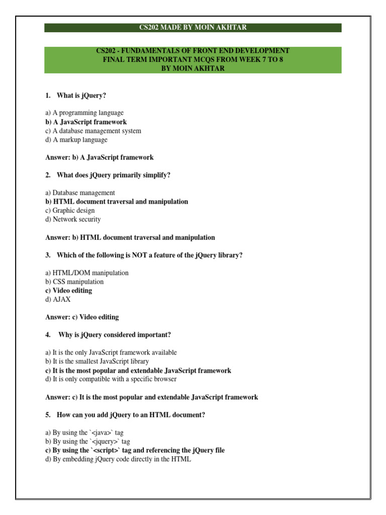 CS202 Front End Development MCQs | PDF | J Query | Software