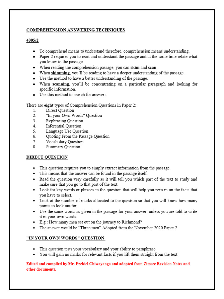 Comprehension O Level | PDF | Reading Comprehension | Word