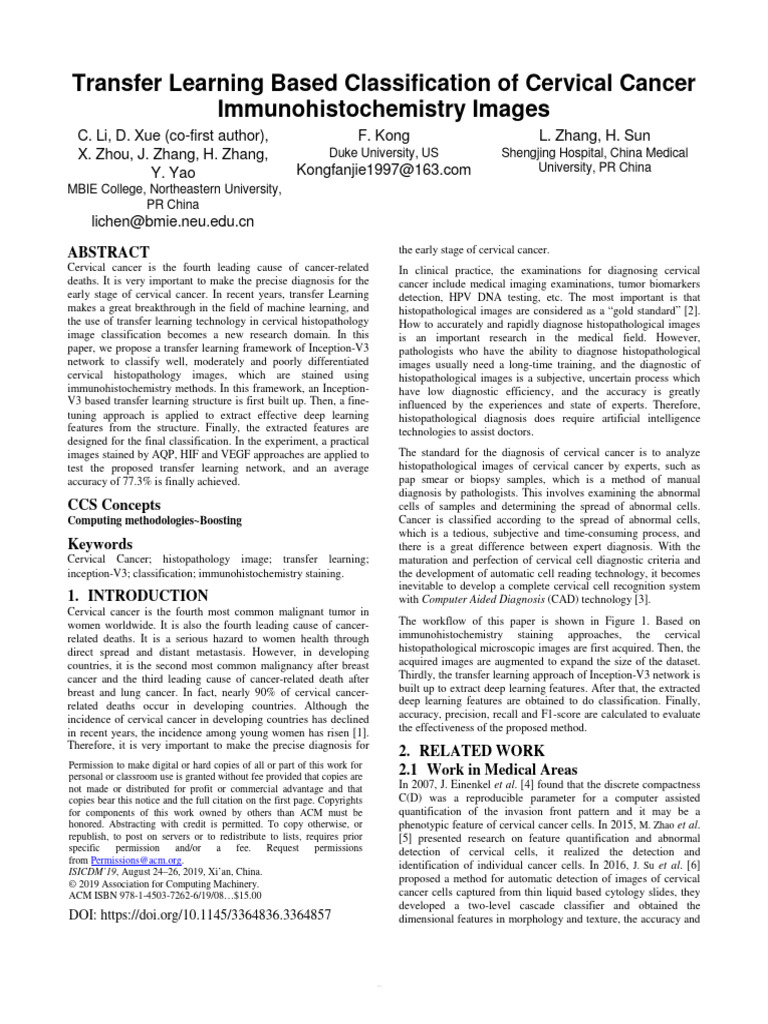 Transfer Learning Based Classification of Cervical Cancer Immunohistochemistry Images | PDF ...