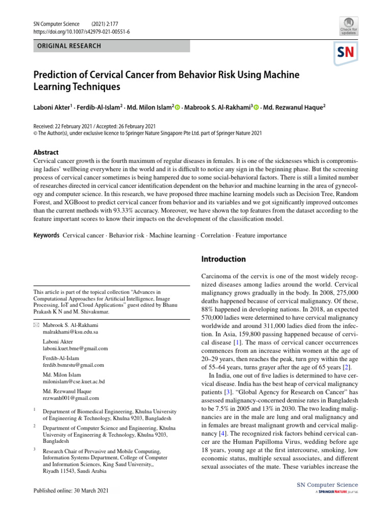 Prediction of Cervical Cancer From Behavior Risk Using Machine Learning Techniques | PDF ...